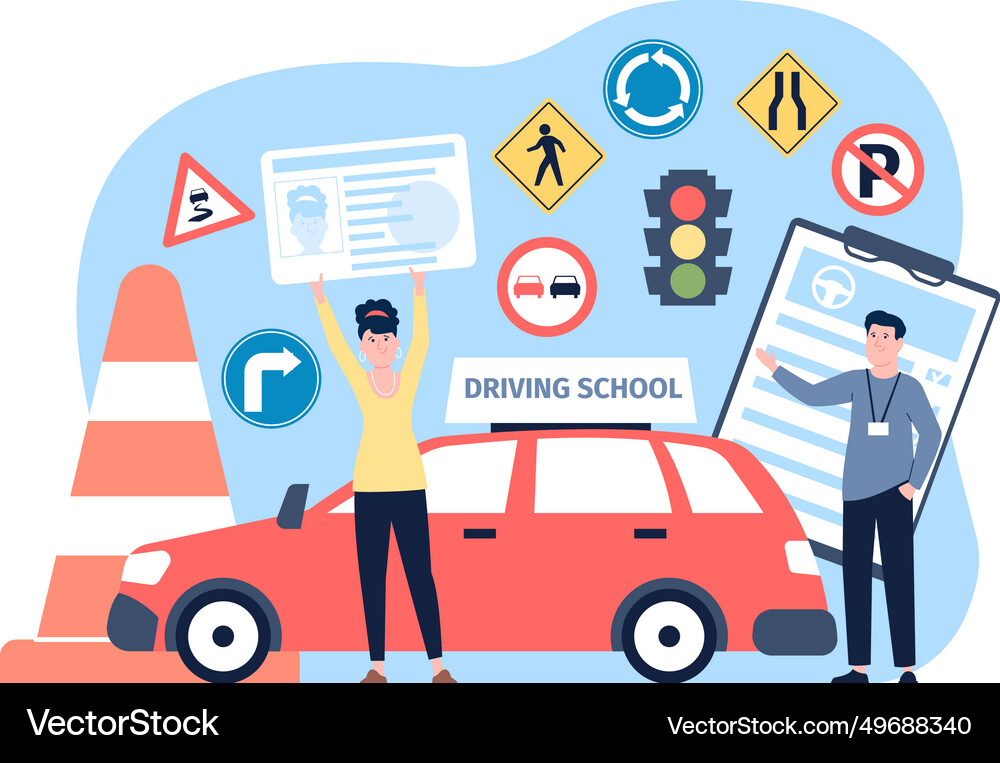 Woman learning at driving school and taking driver