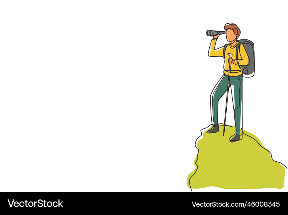 Single one line drawing man trekking on mountain Vector Image