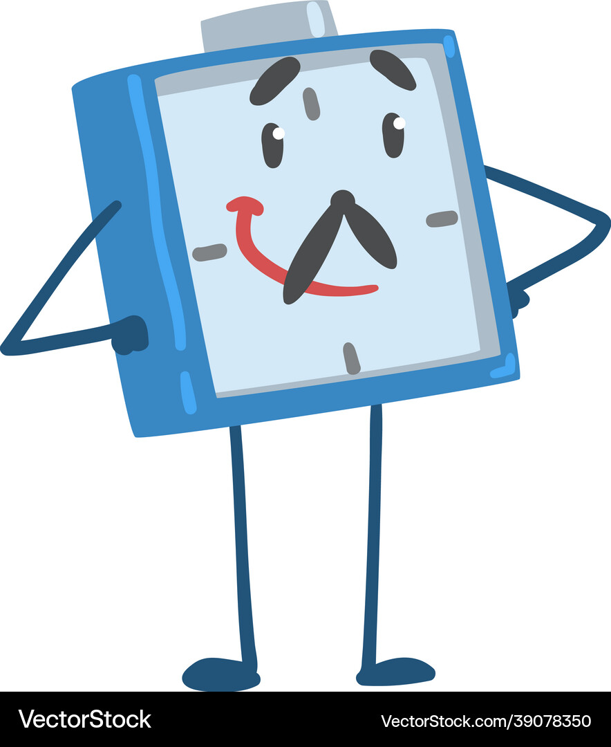 Blue smiling alarm clock character standing Vector Image