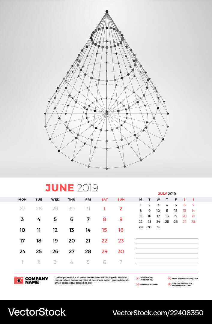 Wall calendar template for june 2019 Royalty Free Vector