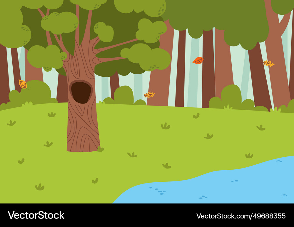 Cartoon forest and lake green tree falling Vector Image