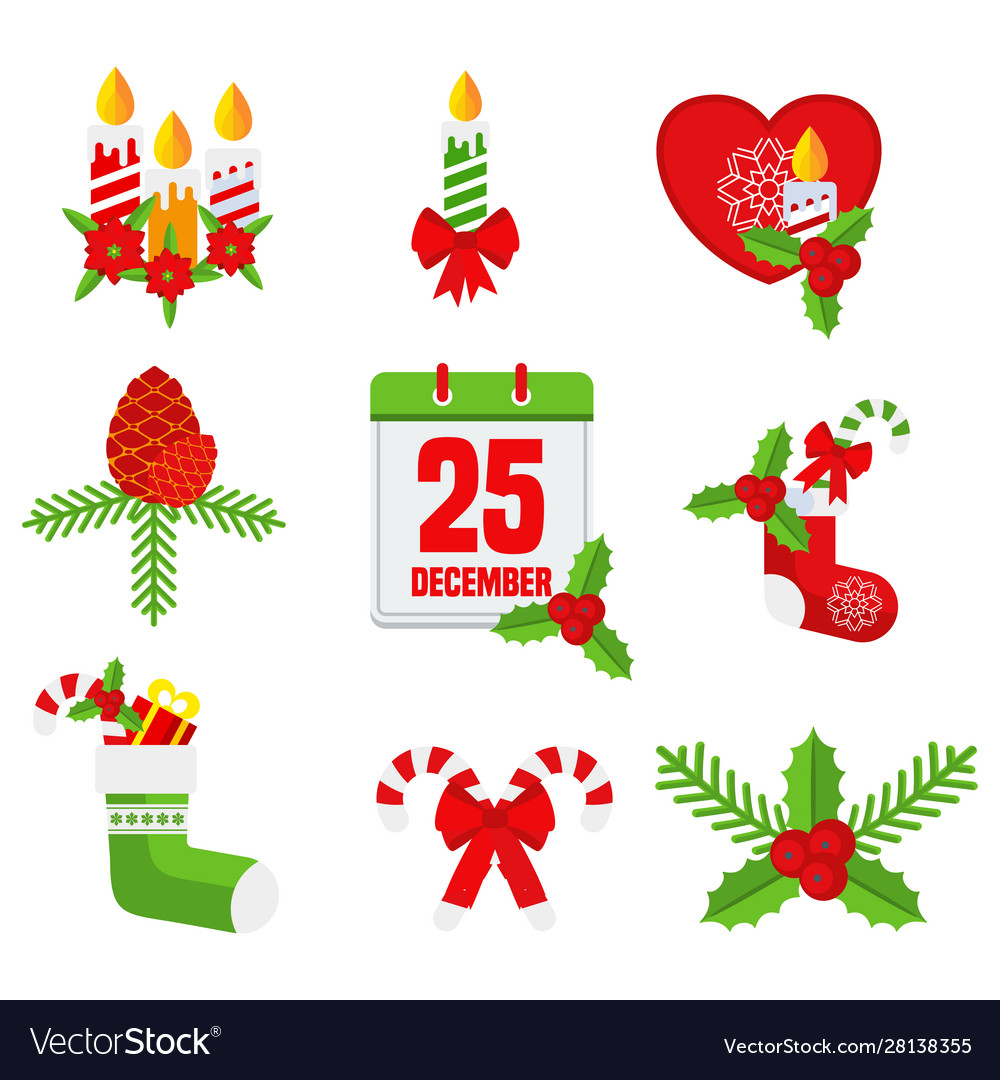 Christmas icons set flat winter holiday Royalty Free Vector