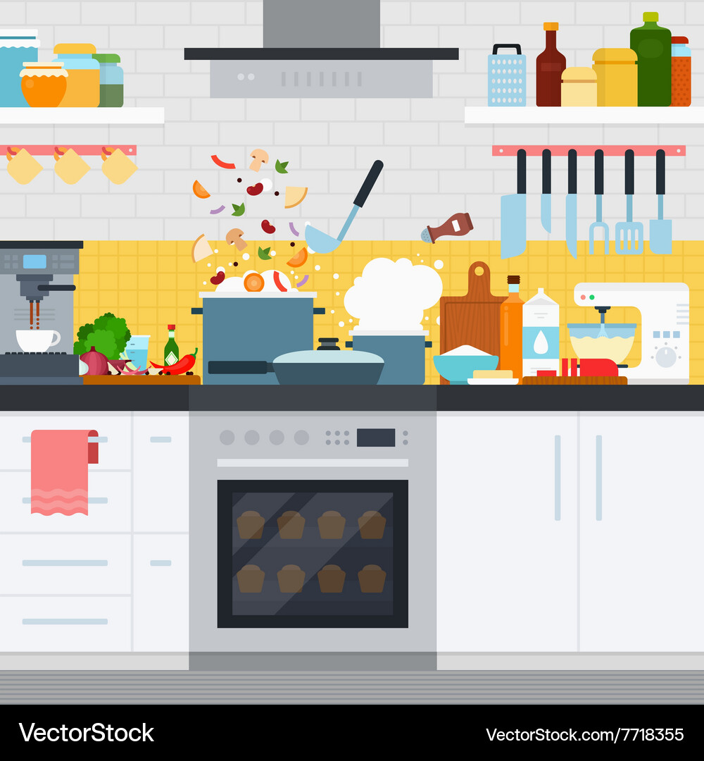 Kitchen with utensils and dishes home cooking Vector Image