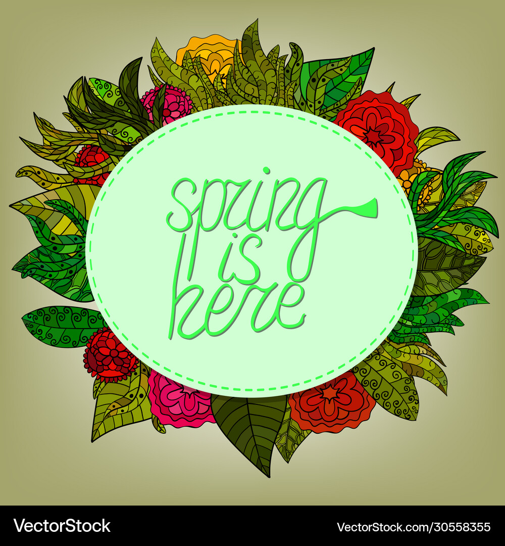 Spring lettering greeting card with cartoon Vector Image