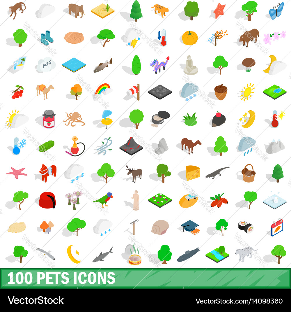 100 pets icons set isometric 3d style Royalty Free Vector