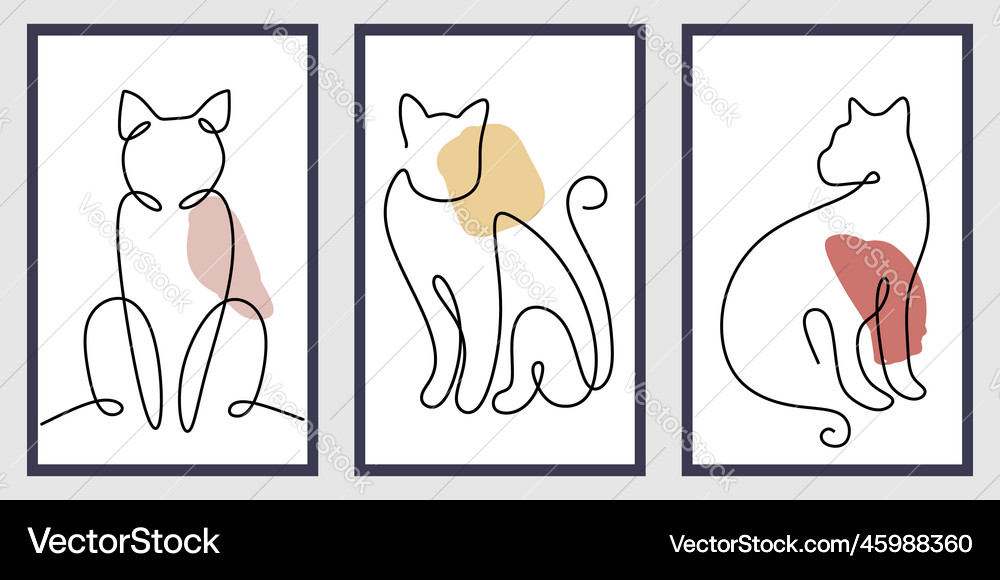 Continuous one single line of three cute cats Vector Image
