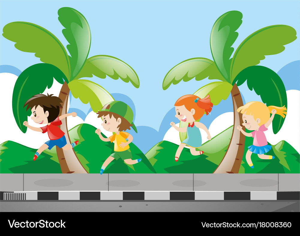 Four kids running on pavement Royalty Free Vector Image