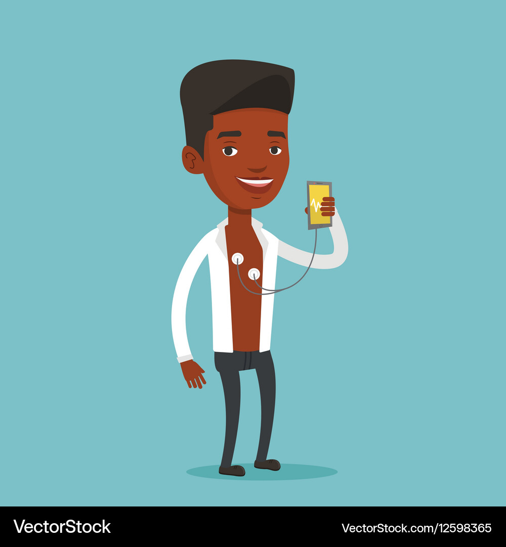 Man measuring heart rate pulse with smartphone Vector Image
