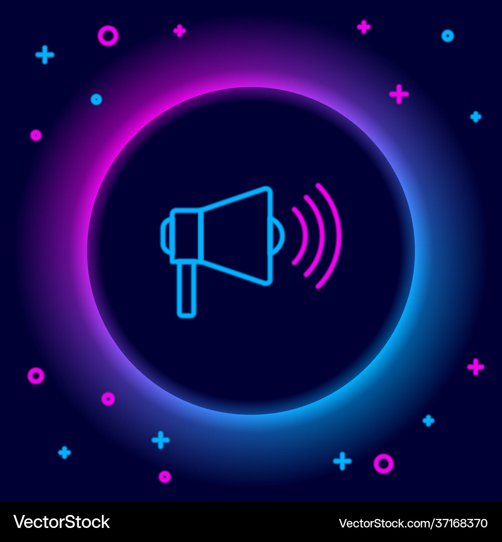 Glowing neon line megaphone icon isolated on black