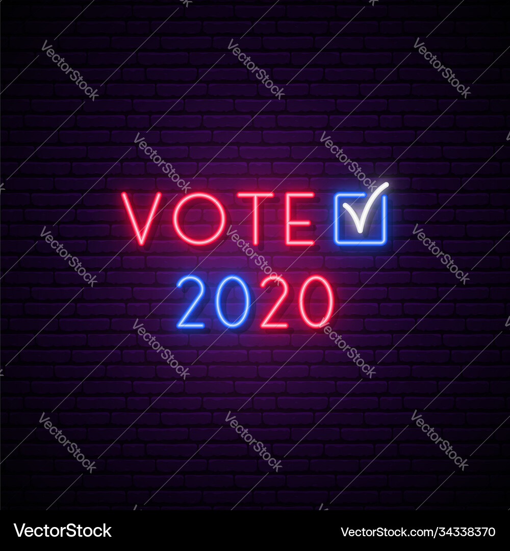 Vote 2020 neon signboard bright glowing Royalty Free Vector