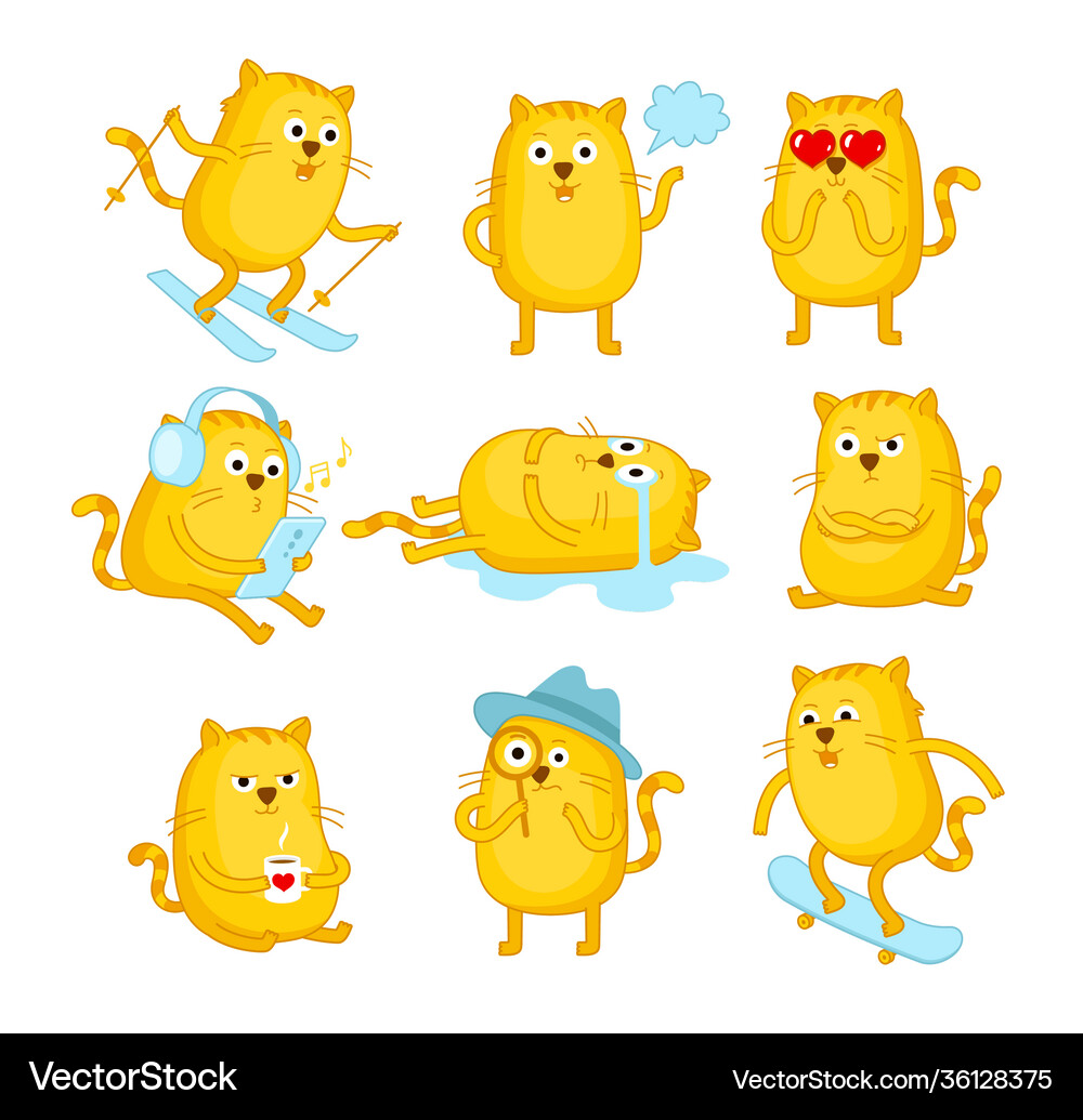 Cat set stickers ginger cat mascot character Vector Image