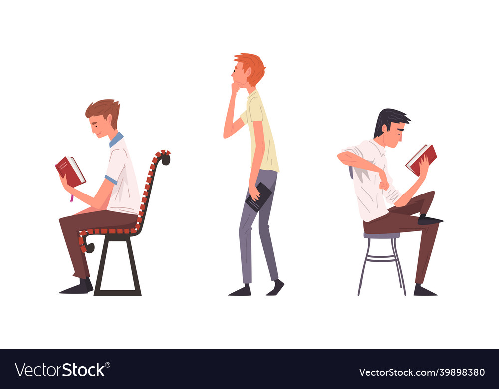 Young Man Sitting And Reading Book Set Royalty Free Vector