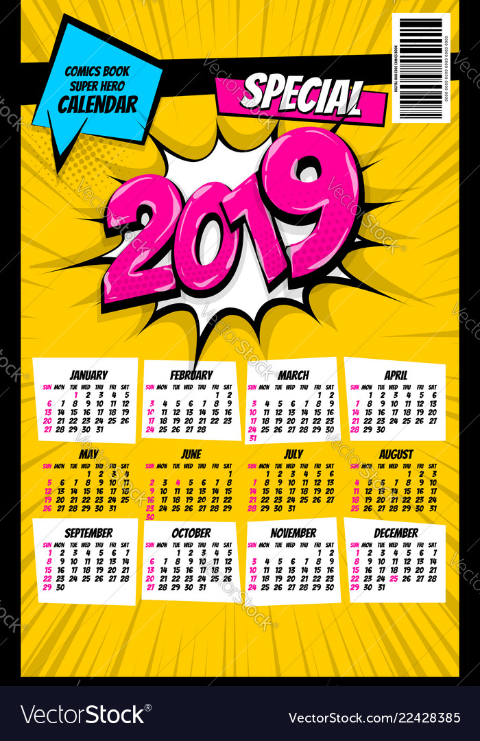 2019 retro super hero calendar pop art Royalty Free Vector