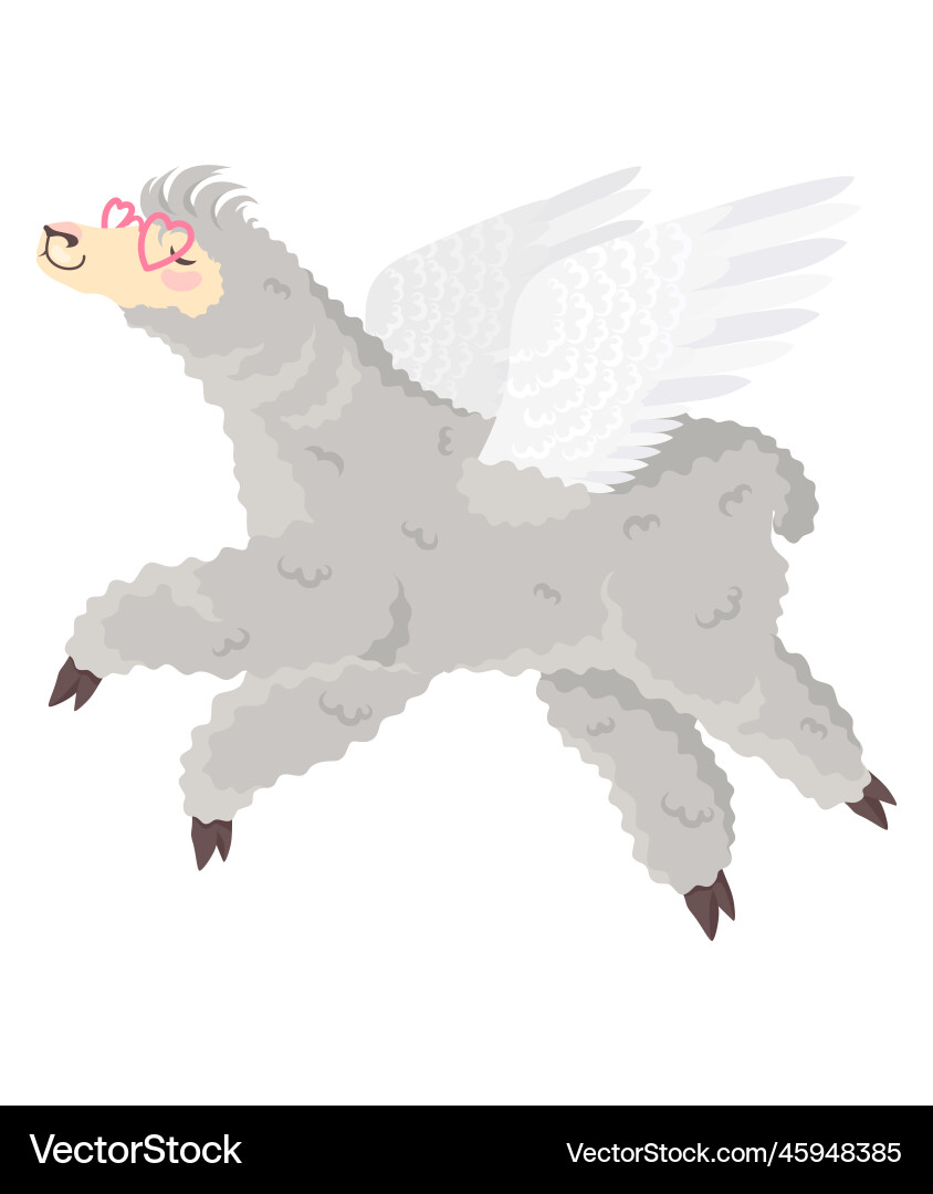 Funny lama with angel wings flat icon Royalty Free Vector