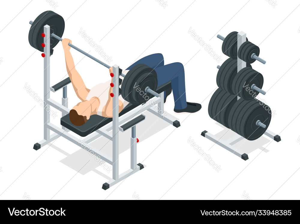 Isometric man in gym exercising on bench press Vector Image