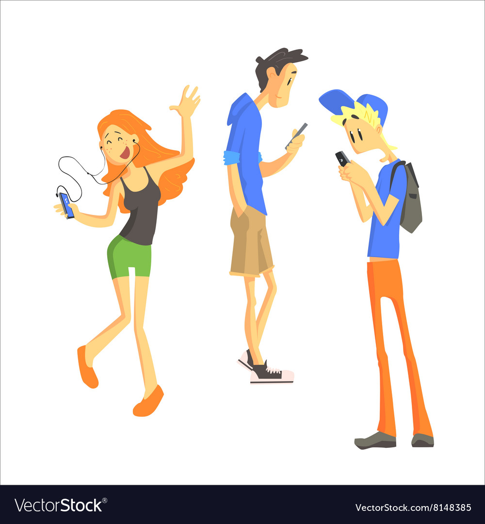 Three young people using gadgets Royalty Free Vector Image Three young people using gadgets Royalty Free Vector Image