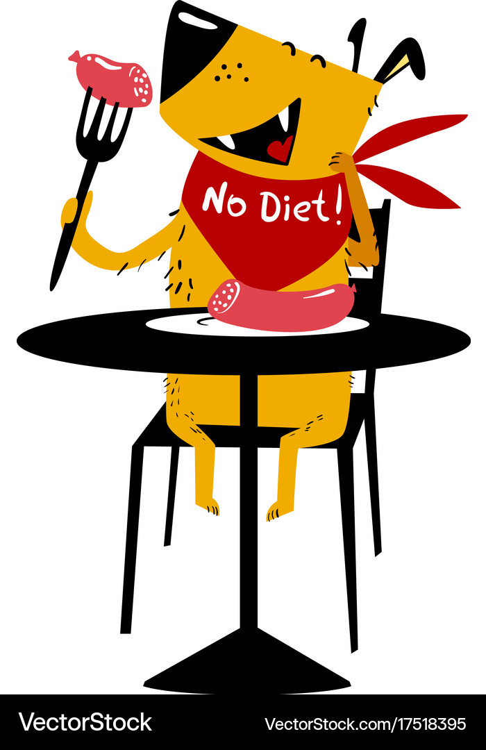 Eating dog a cheerful sits at table Royalty Free Vector