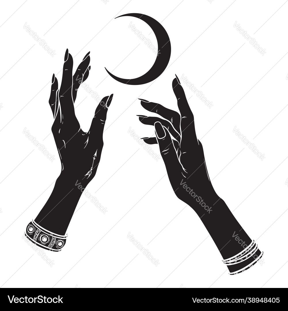 Hand drawn female witch hands holding crescent Vector Image