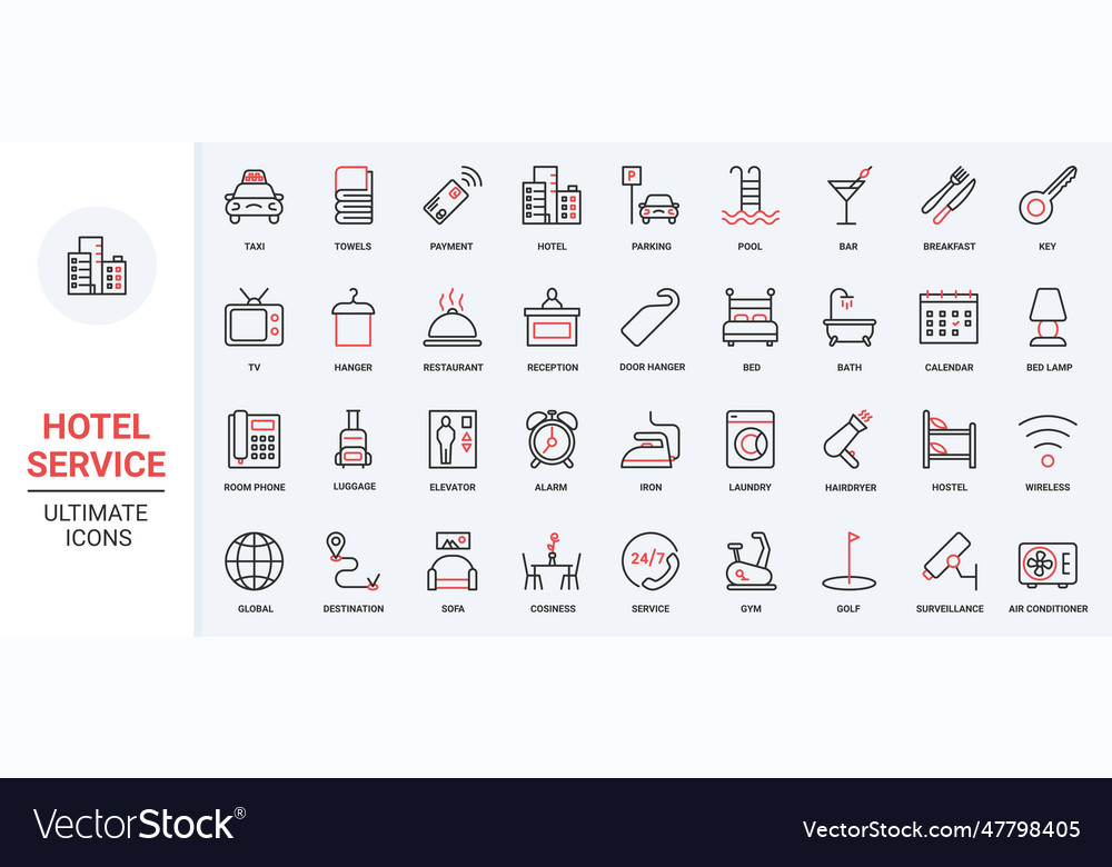Hotel service trendy red black thin line icons set