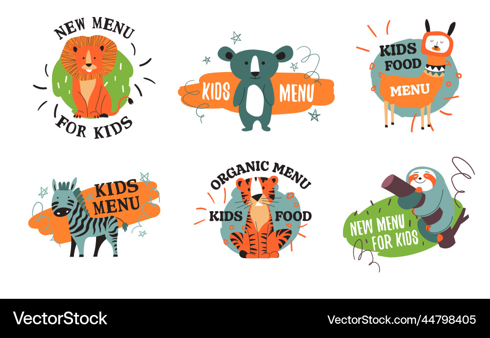 Kids menu concept cafe meal emblem design set Vector Image