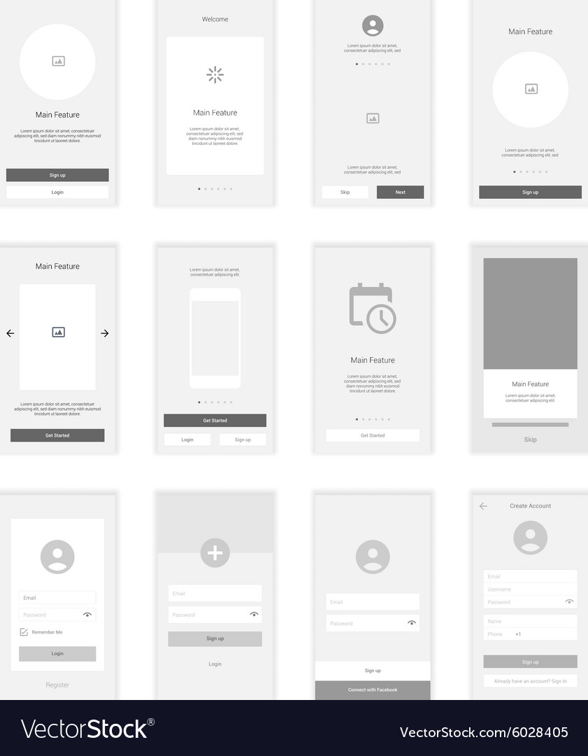 Mobile screens wireframe user interface kit Vector Image