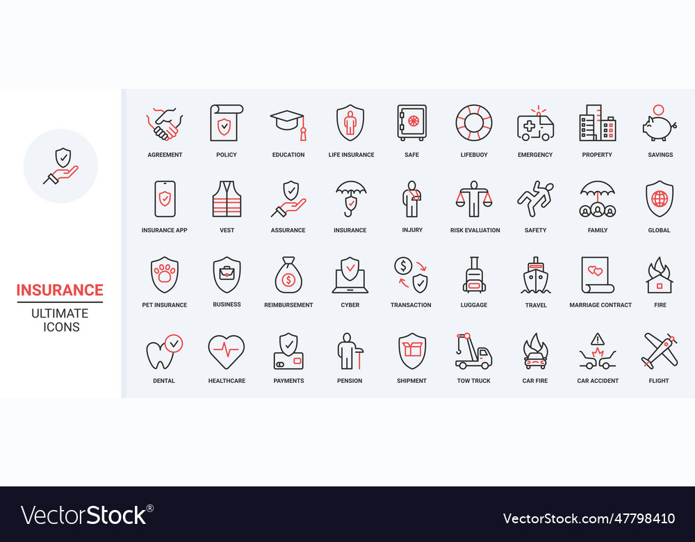 Insurance trendy red black thin line icons set Vector Image