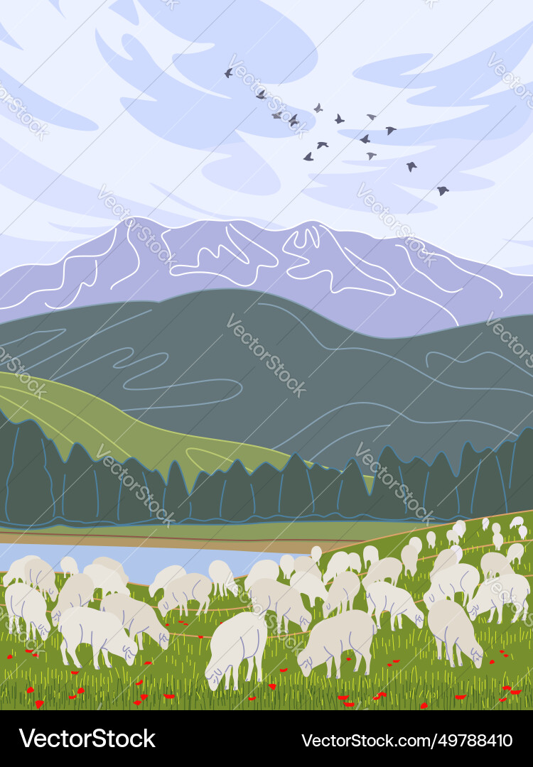 Landscape with mountains river and sheep Vector Image