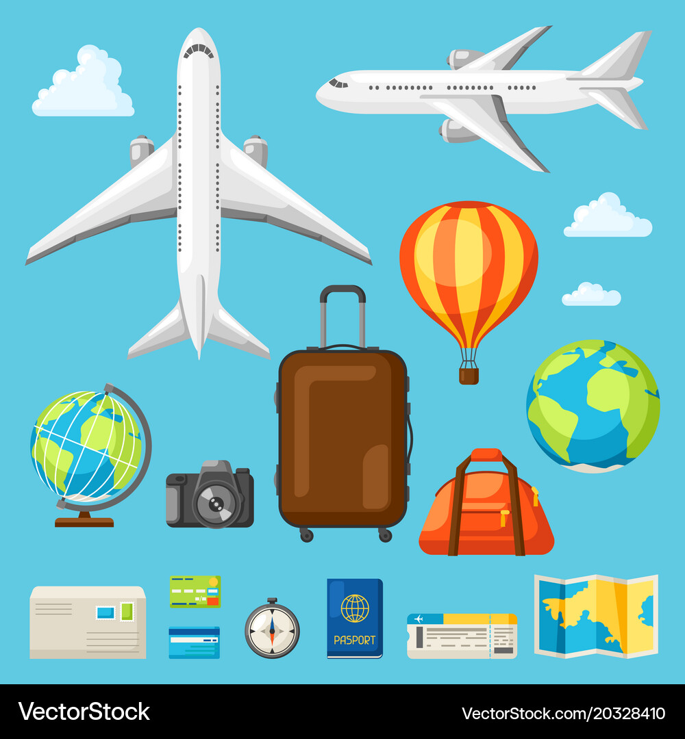 Set of travel objects in flat style Royalty Free Vector