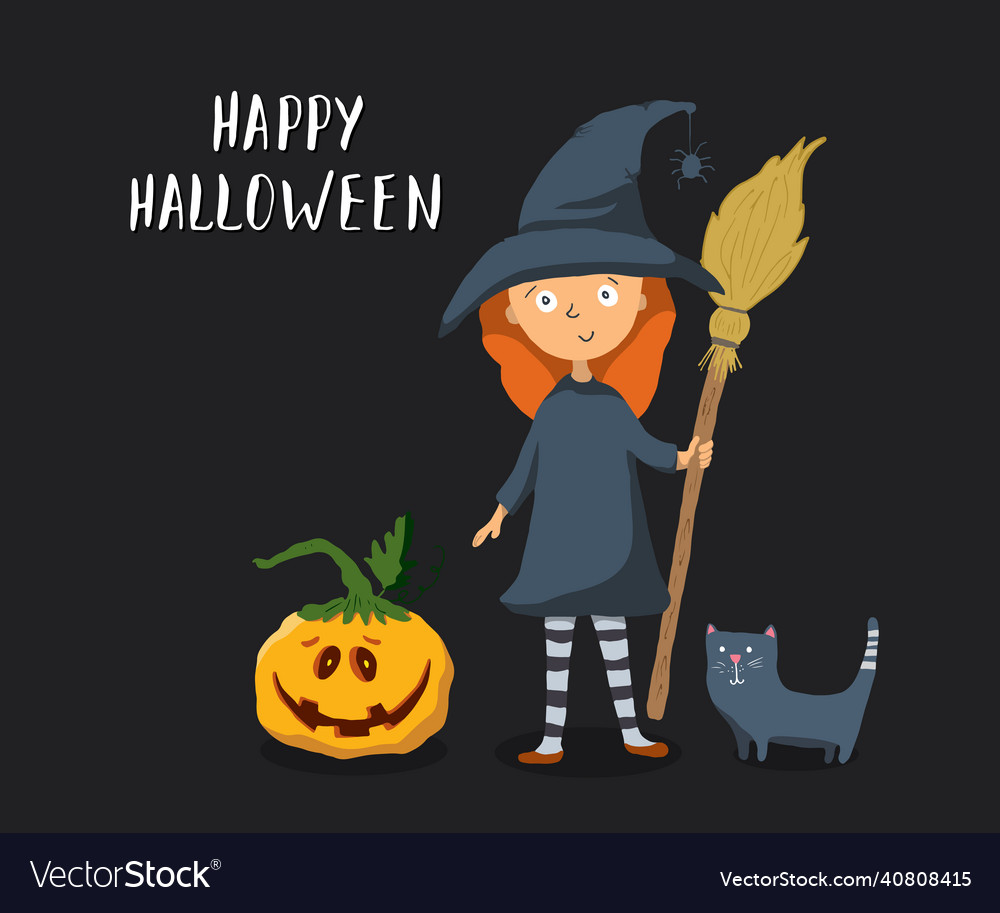 Halloween greeting card cute witch with cat Vector Image