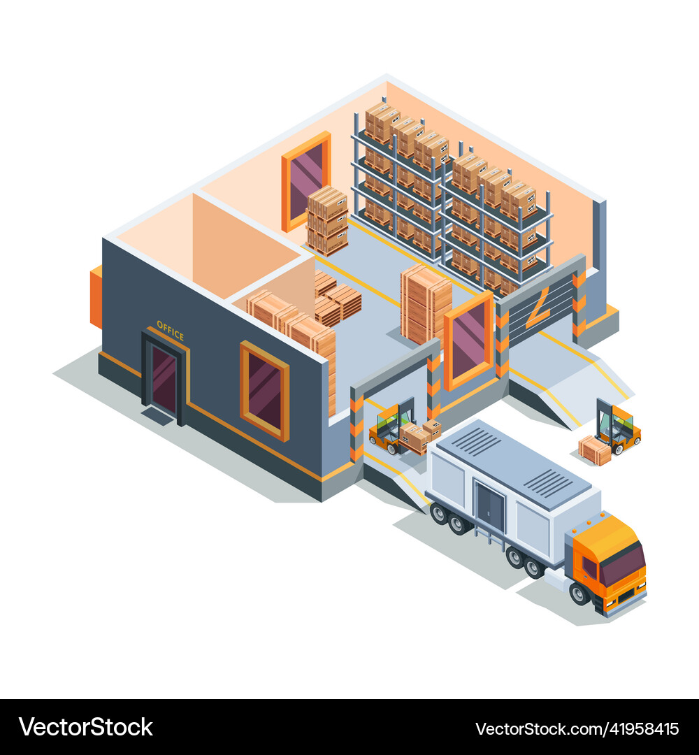 Warehouse isometric big storage house machines Vector Image