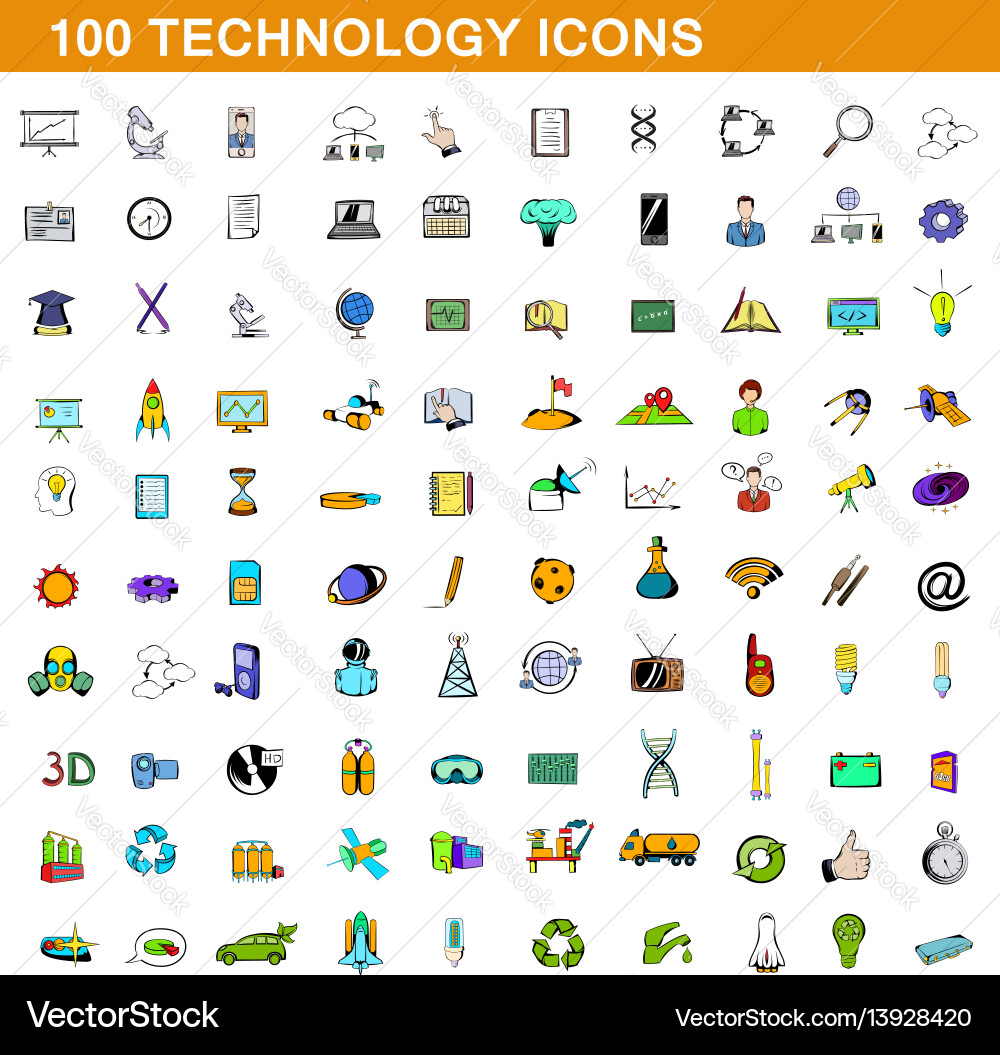 100 technology icons set cartoon style Royalty Free Vector