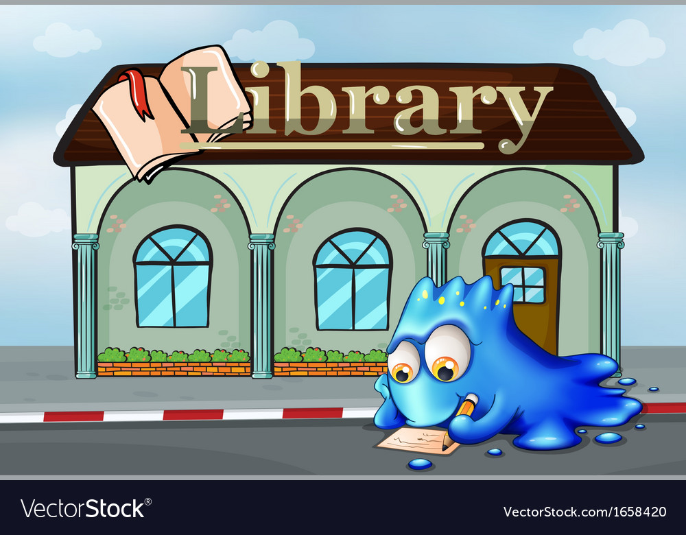 A monster writing in front of the library Vector Image