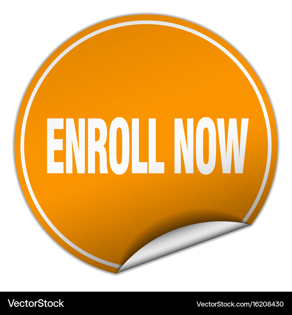 Enroll now round orange sticker isolated on white Vector Image