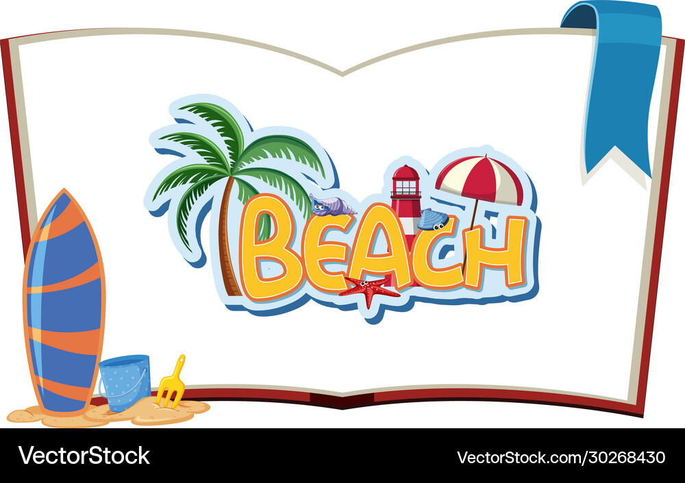 Font design template for word beach on book Vector Image