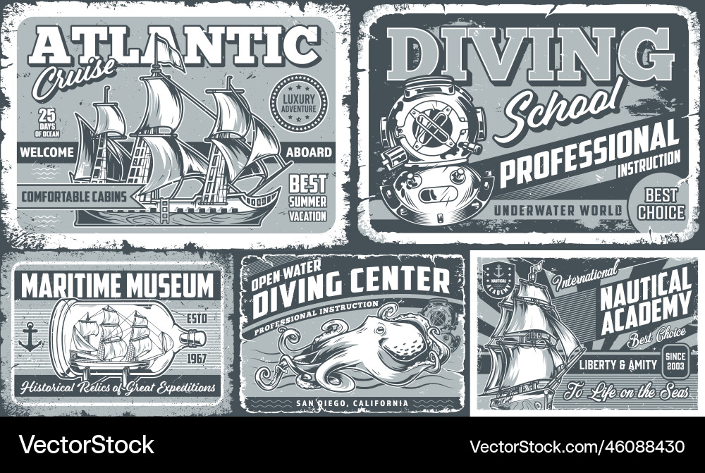 Ocean vacation flyers monochrome set Royalty Free Vector