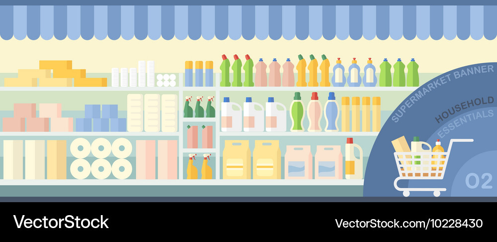 Supermarket showcase with household essentials Vector Image