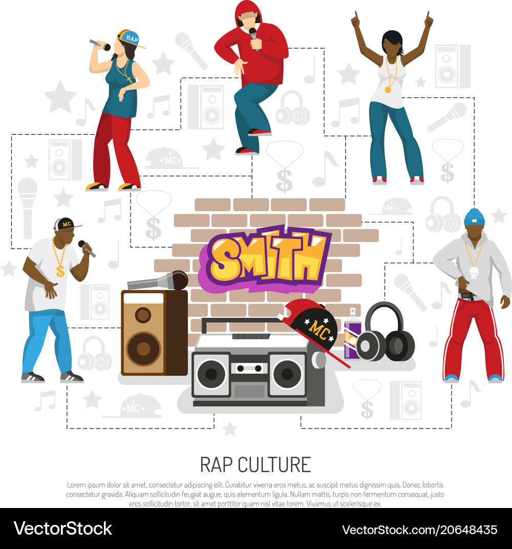 Rap music singers symbols background Royalty Free Vector