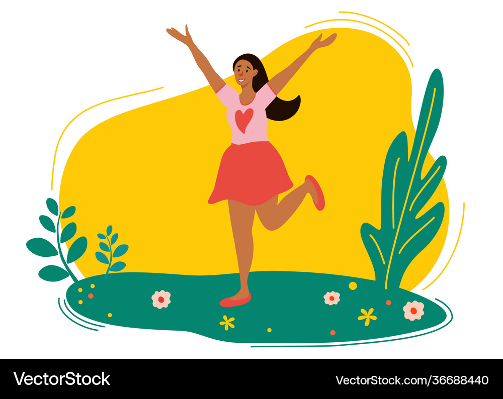 Cute girl jumping in spring meadow web page Vector Image