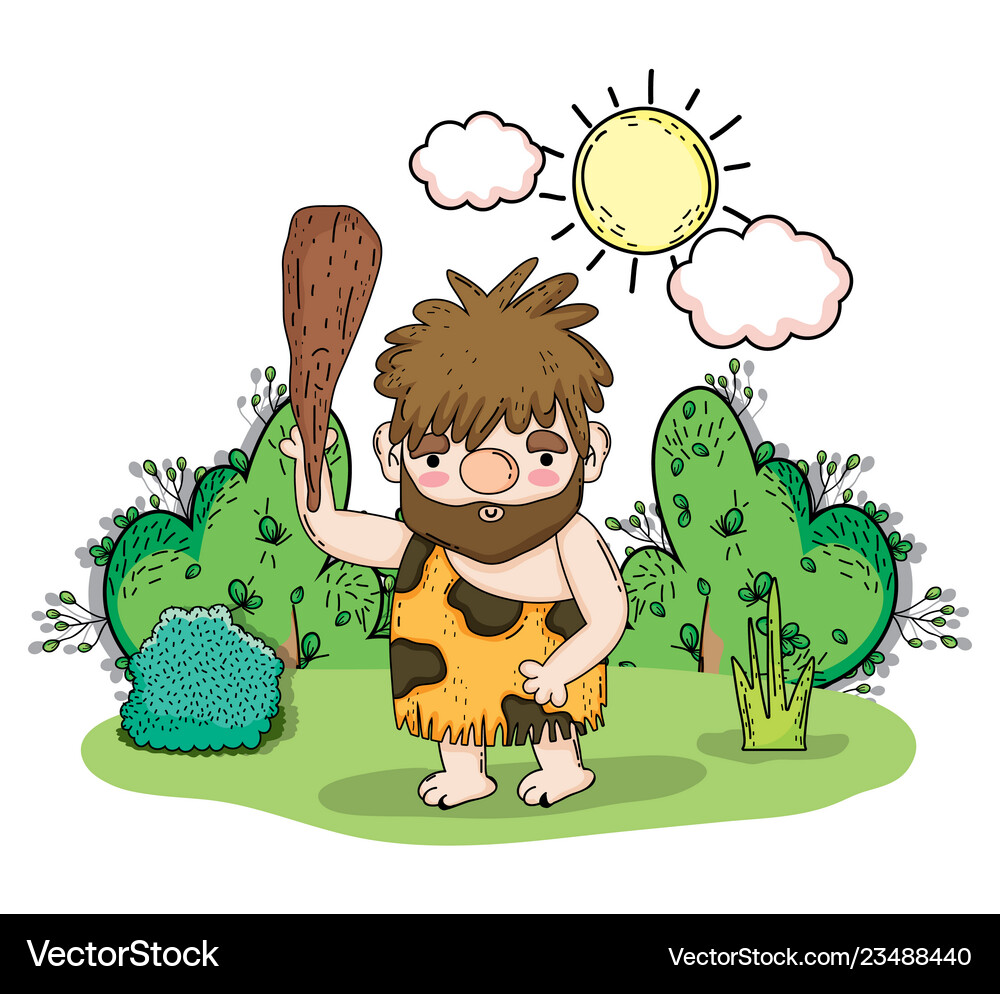 Primitive man hunting with mallet and bushes Vector Image