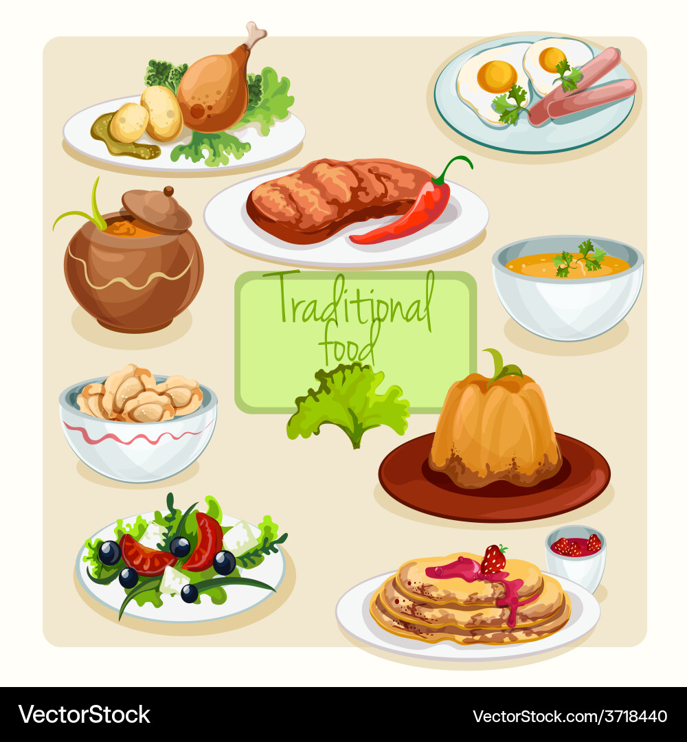 Traditional food dishes set Royalty Free Vector Image