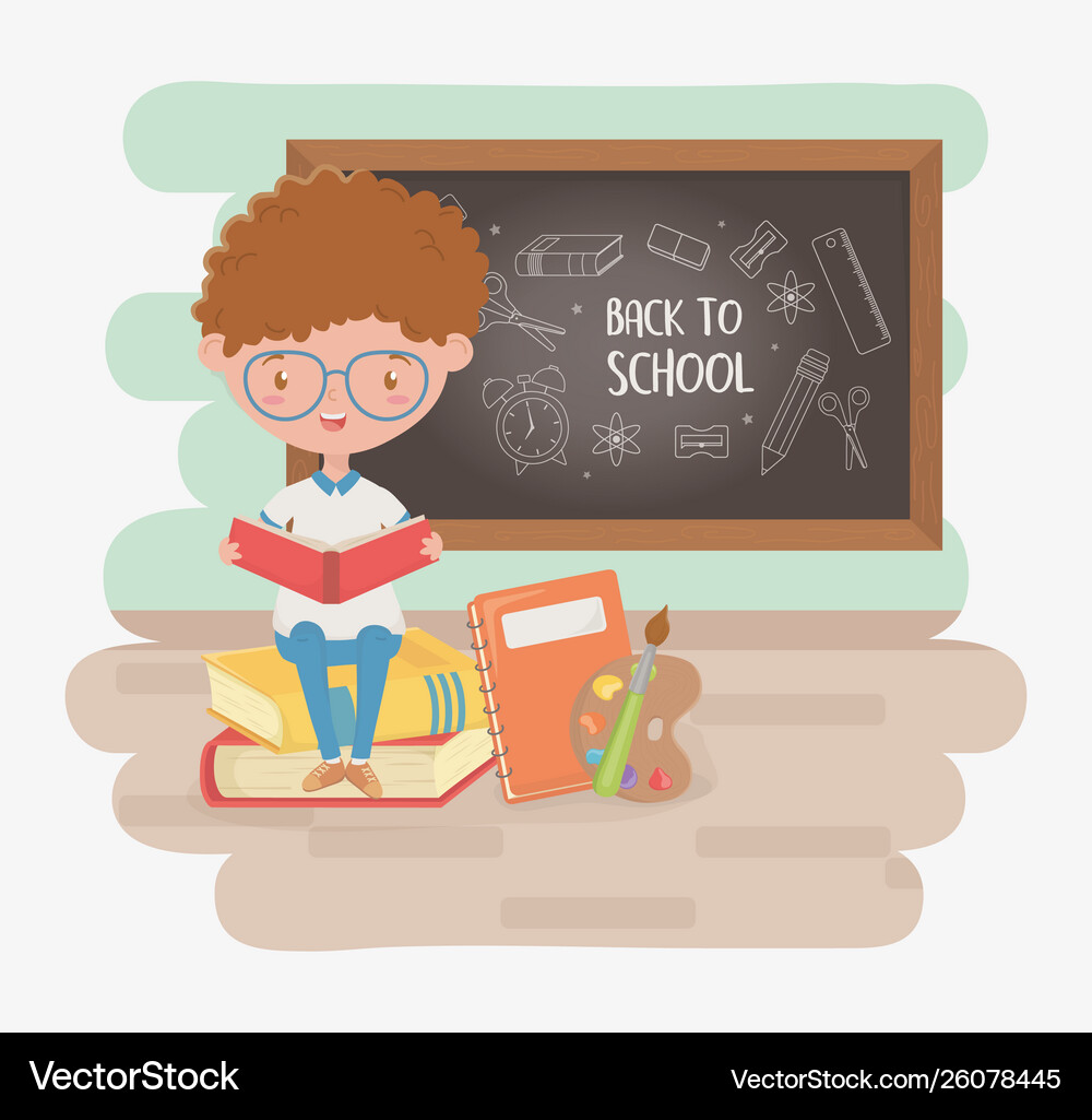 Little student boy with chalkboard and school Vector Image