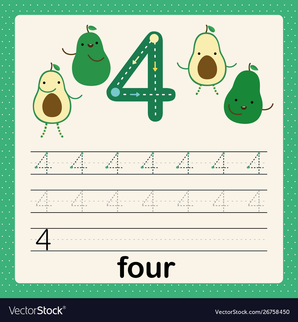 Number 4 Card For Kids Learn To Count And Write Vector Image