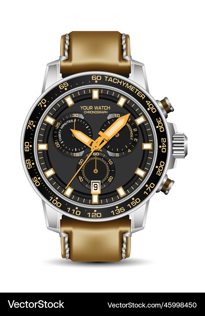 Realistic silver black watch chronograph yellow Vector Image