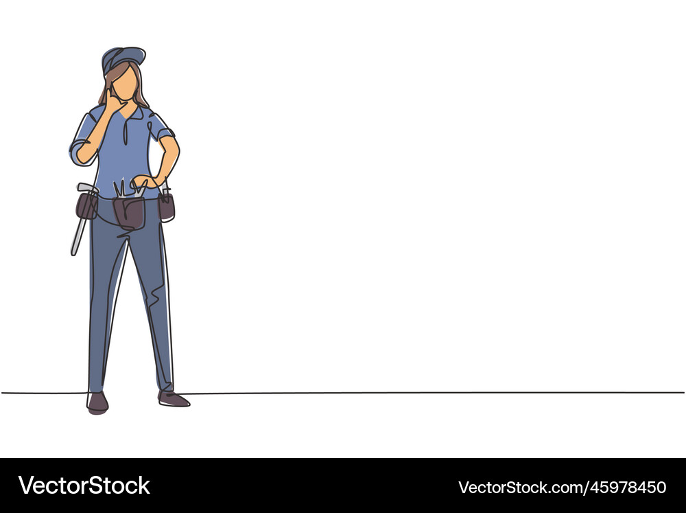 Single continuous line drawing handywoman stands Vector Image