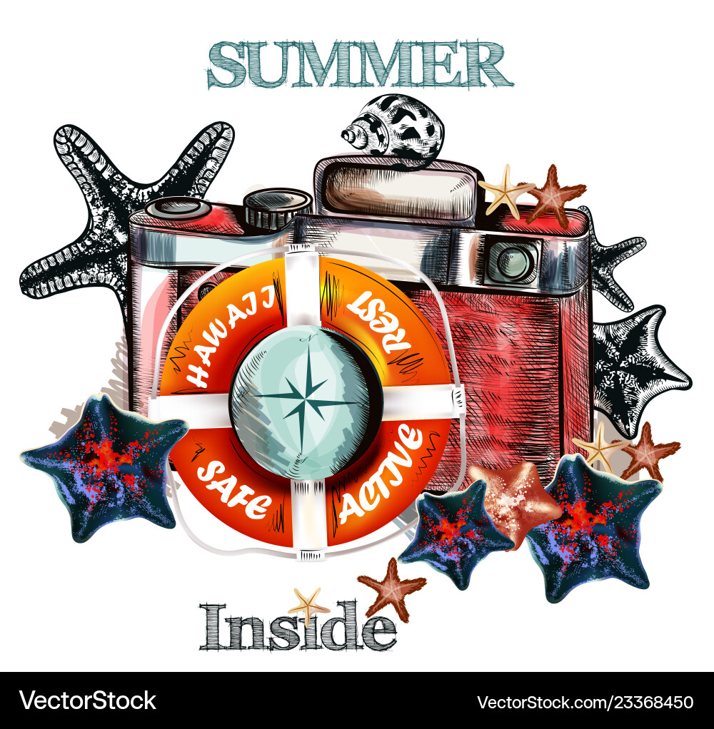 Summer background with camera and starfishes rest Vector Image