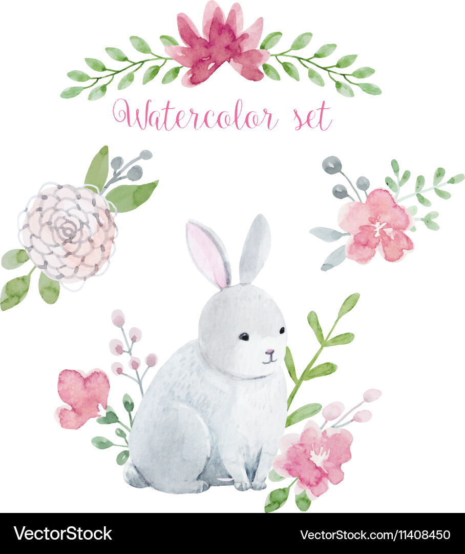 Watercolor rabbit with flowers Royalty Free Vector Image