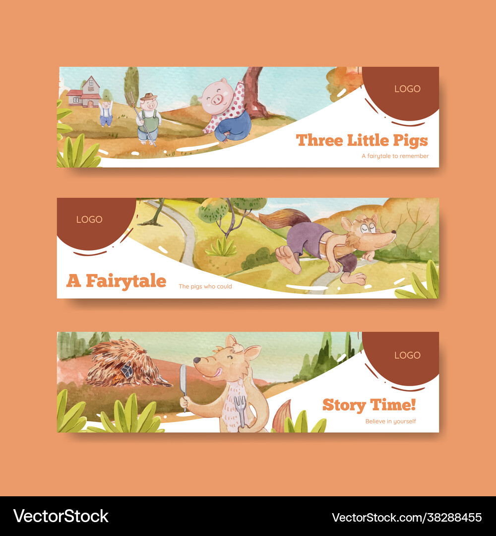 Banner template with cute three little pigs Vector Image