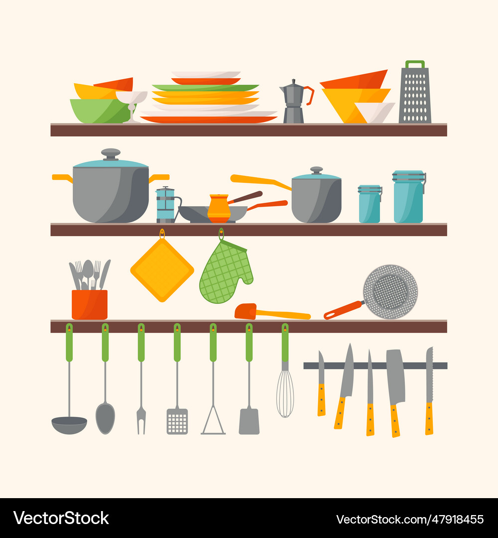 Cartoon color different kitchen shelves set Vector Image