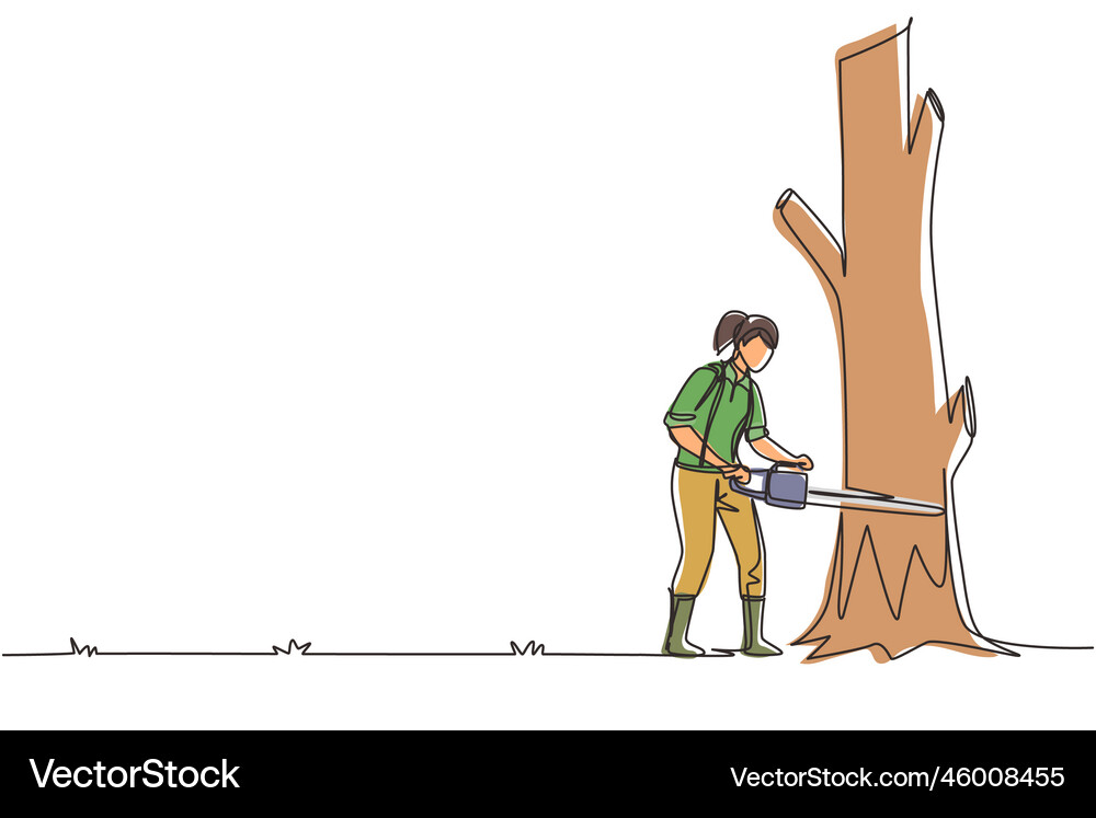 Continuous one line drawing woman logger sawing Vector Image