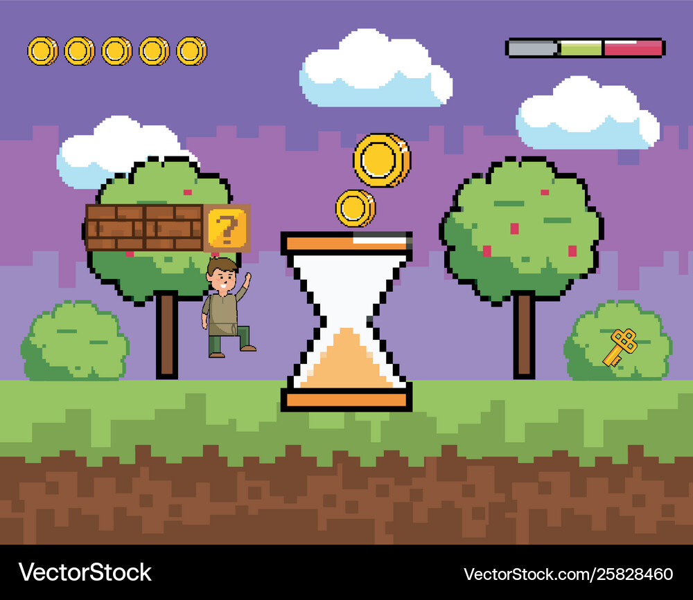 Arcade game world and pixel scene design Vector Image